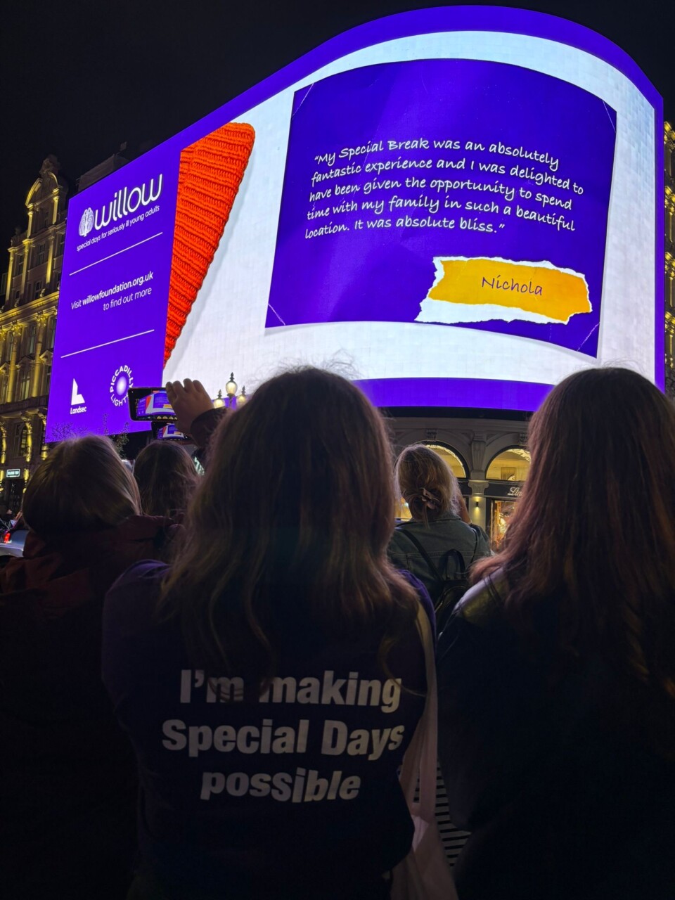 Piccadilly lights featured Willow's charity video on screen